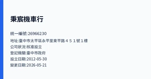 秉宸機車行的照片-統編 26966230(臺中市) 公司登記資料與營業項目詳細圖表