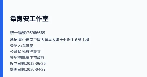 韋育安工作室的照片-統編 26966689(臺中市) 公司登記資料與營業項目詳細圖表