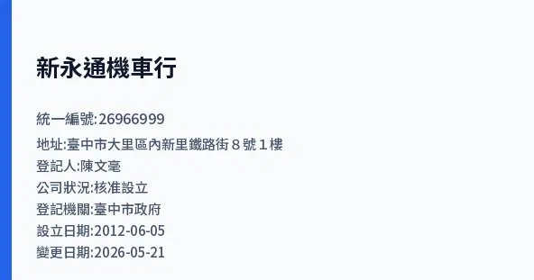 新永通機車行的照片-統編 26966999(臺中市) 公司登記資料與營業項目詳細圖表
