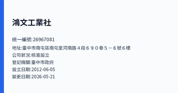 鴻文工業社的照片-統編 26967081(臺中市) 公司登記資料與營業項目詳細圖表