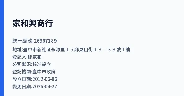 家和興商行的照片-統編 26967189(臺中市) 公司登記資料與營業項目詳細圖表