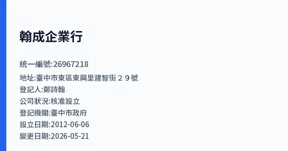 翰成企業行的照片-統編 26967218(臺中市) 公司登記資料與營業項目詳細圖表