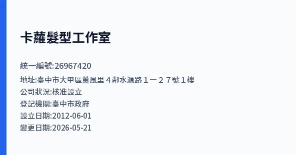 卡蘿髮型工作室的照片-統編 26967420(臺中市) 公司登記資料與營業項目詳細圖表