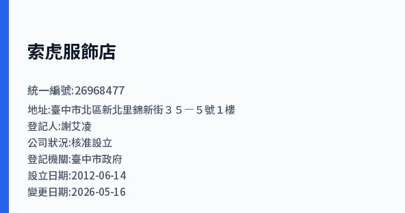 索虎服飾店的照片-統編 26968477(臺中市) 公司登記資料與營業項目詳細圖表