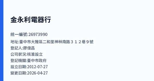 金永利電器行的照片-統編 26973990(臺中市) 公司登記資料與營業項目詳細圖表