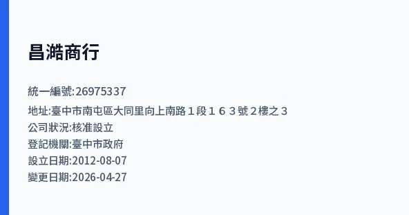 昌澔商行的照片-統編 26975337(臺中市) 公司登記資料與營業項目詳細圖表