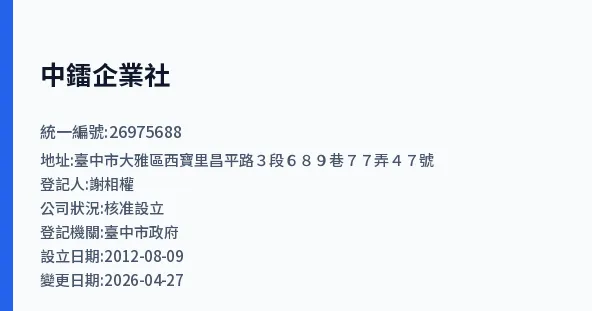 中鐳企業社的照片-統編 26975688(臺中市) 公司登記資料與營業項目詳細圖表