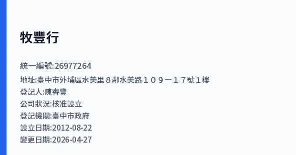 牧豐行的照片-統編 26977264(臺中市) 公司登記資料與營業項目詳細圖表