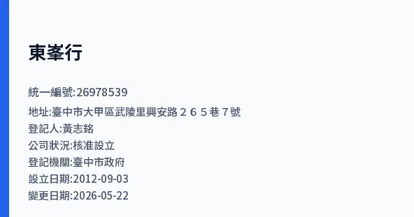 東峯行的照片-統編 26978539(臺中市) 公司登記資料與營業項目詳細圖表
