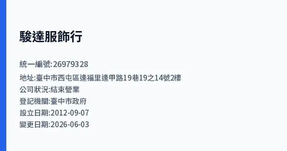 駿達服飾行的照片-統編 26979328(臺中市) 公司登記資料與營業項目詳細圖表