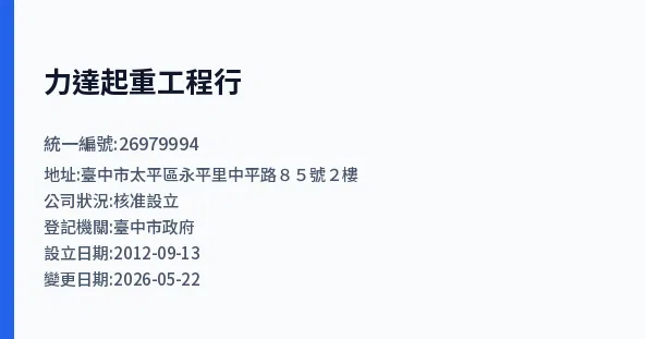力達起重工程行的照片-統編 26979994(臺中市) 公司登記資料與營業項目詳細圖表