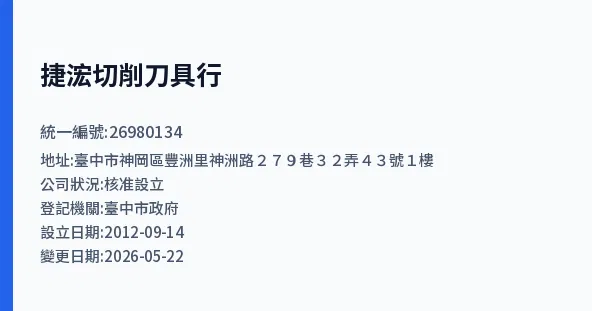 捷浤切削刀具行的照片-統編 26980134(臺中市) 公司登記資料與營業項目詳細圖表