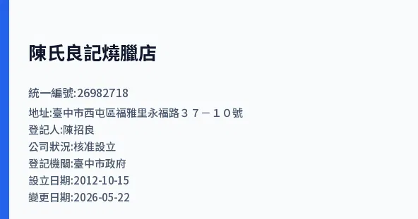 陳氏良記燒臘店的照片-統編 26982718(臺中市) 公司登記資料與營業項目詳細圖表