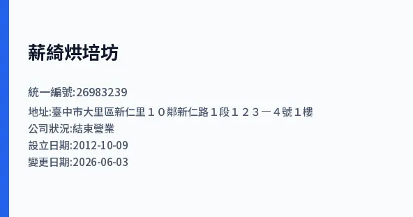 薪綺烘培坊的照片-統編 26983239(臺中市) 公司登記資料與營業項目詳細圖表