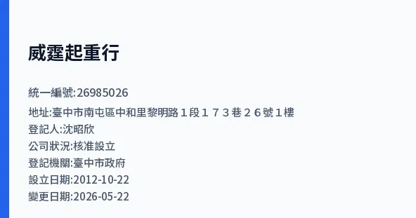 威霆起重行的照片-統編 26985026(臺中市) 公司登記資料與營業項目詳細圖表