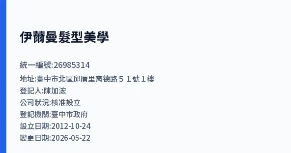 伊薾曼髮型美學的照片-統編 26985314(臺中市) 公司登記資料與營業項目詳細圖表