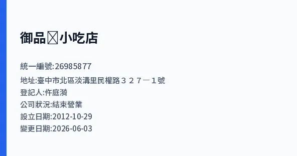 御品楿小吃店的照片-統編 26985877(臺中市) 公司登記資料與營業項目詳細圖表