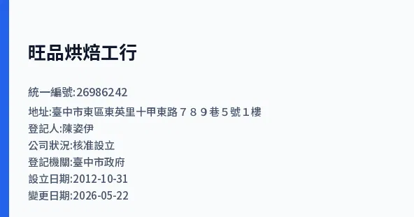 旺品烘焙工行的照片-統編 26986242(臺中市) 公司登記資料與營業項目詳細圖表
