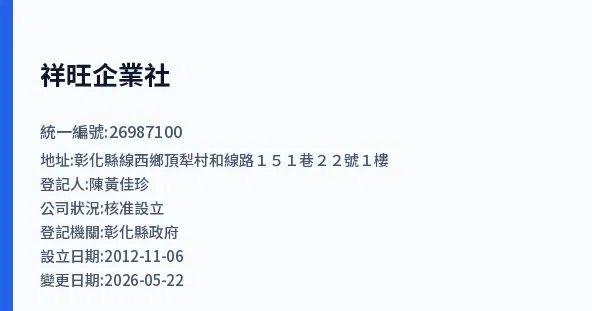 祥旺企業社的照片-統編 26987100(彰化縣) 公司登記資料與營業項目詳細圖表