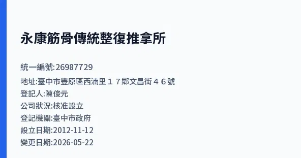 永康筋骨傳統整復推拿所的照片-統編 26987729(臺中市) 公司登記資料與營業項目詳細圖表