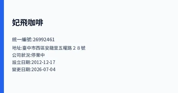 妃飛咖啡的照片-統編 26992461(臺中市) 公司登記資料與營業項目詳細圖表