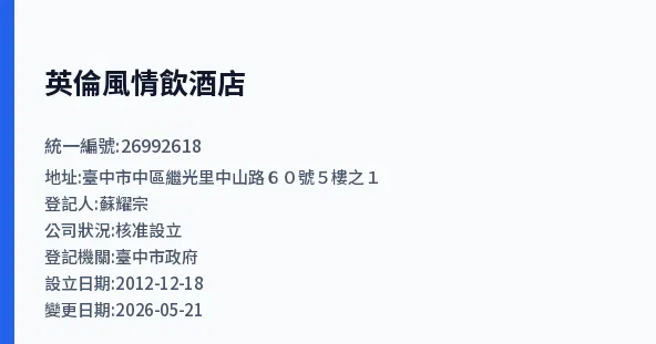 英倫風情飲酒店的照片-統編 26992618(臺中市) 公司登記資料與營業項目詳細圖表