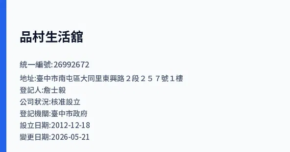 品村生活舘的照片-統編 26992672(臺中市) 公司登記資料與營業項目詳細圖表