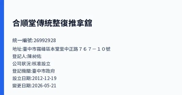 合順堂傳統整復推拿舘的照片-統編 26992928(臺中市) 公司登記資料與營業項目詳細圖表