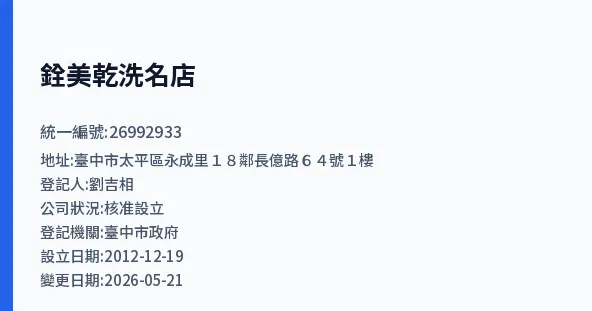 銓美乾洗名店的照片-統編 26992933(臺中市) 公司登記資料與營業項目詳細圖表