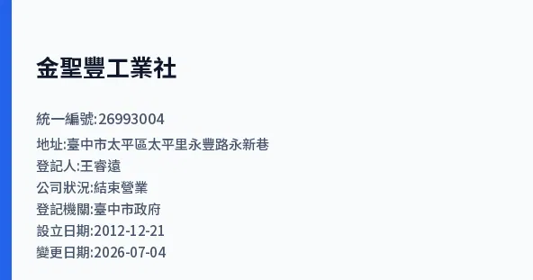 金聖豐工業社的照片-統編 26993004(臺中市) 公司登記資料與營業項目詳細圖表