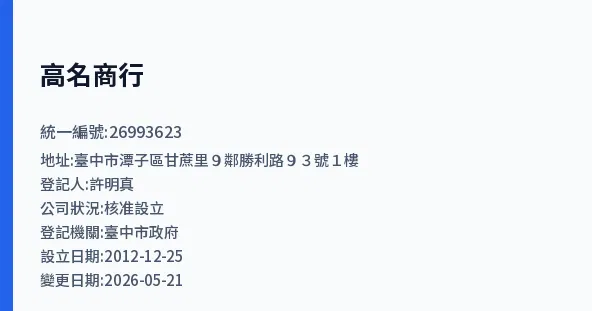 高名商行的照片-統編 26993623(臺中市) 公司登記資料與營業項目詳細圖表
