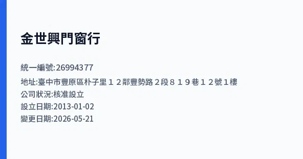 金世興門窗行的照片-統編 26994377(臺中市) 公司登記資料與營業項目詳細圖表