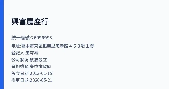 興富農產行的照片-統編 26996993(臺中市) 公司登記資料與營業項目詳細圖表