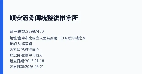 順安筋骨傳統整復推拿所的照片-統編 26997450(臺中市) 公司登記資料與營業項目詳細圖表