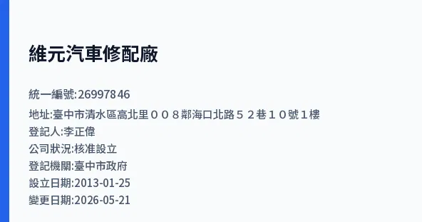 維元汽車修配廠的照片-統編 26997846(臺中市) 公司登記資料與營業項目詳細圖表