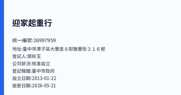迎家起重行的照片-統編 26997959(臺中市) 公司登記資料與營業項目詳細圖表