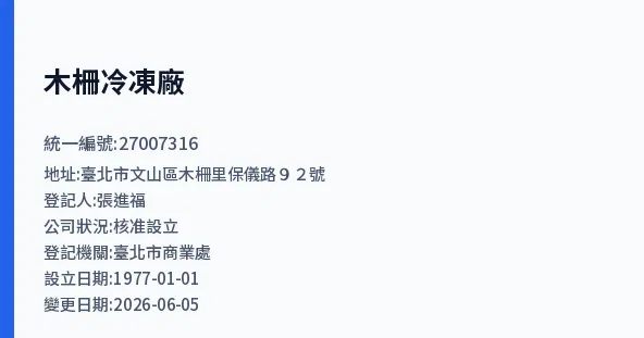 木柵冷凍廠的照片-統編 27007316(臺北市) 公司登記資料與營業項目詳細圖表
