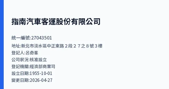 指南汽車客運股份有限公司的照片-統編 27043501(新北市) 公司登記資料與營業項目詳細圖表