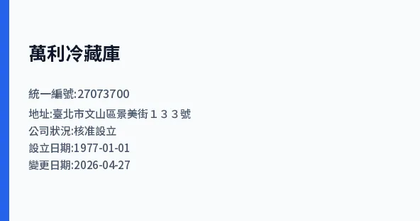 萬利冷藏庫的照片-統編 27073700(臺北市) 公司登記資料與營業項目詳細圖表