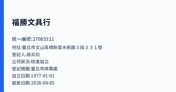 福勝文具行的照片-統編 27085311(臺北市) 公司登記資料與營業項目詳細圖表