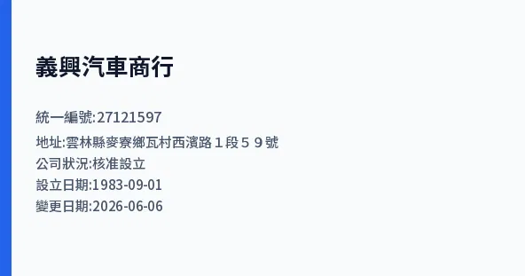 義興汽車商行的照片-統編 27121597(雲林縣) 公司登記資料與營業項目詳細圖表