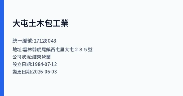 大屯土木包工業的照片-統編 27128043(雲林縣) 公司登記資料與營業項目詳細圖表