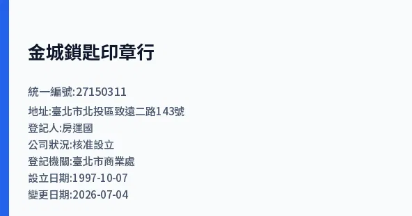 金城鎖匙印章行的照片-統編 27150311(臺北市) 公司登記資料與營業項目詳細圖表