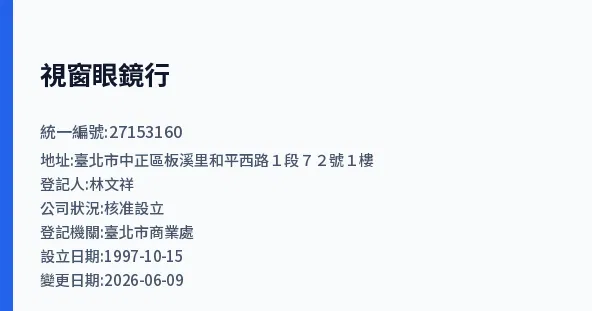 視窗眼鏡行的照片-統編 27153160(臺北市) 公司登記資料與營業項目詳細圖表