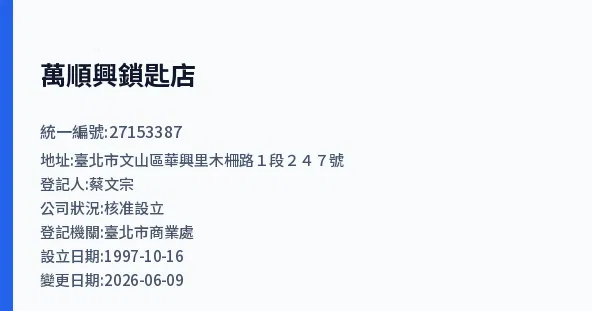 萬順興鎖匙店的照片-統編 27153387(臺北市) 公司登記資料與營業項目詳細圖表