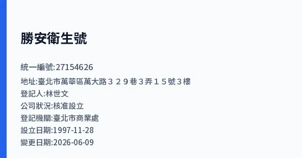 勝安衛生號的照片-統編 27154626(臺北市) 公司登記資料與營業項目詳細圖表