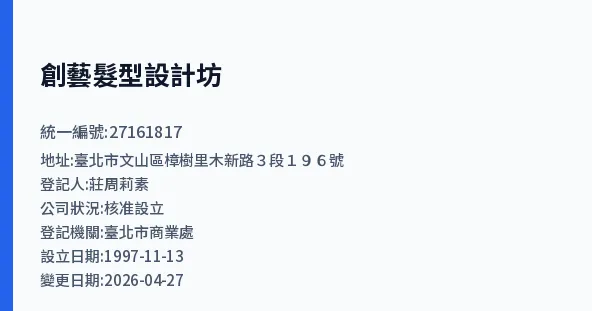 創藝髮型設計坊的照片-統編 27161817(臺北市) 公司登記資料與營業項目詳細圖表