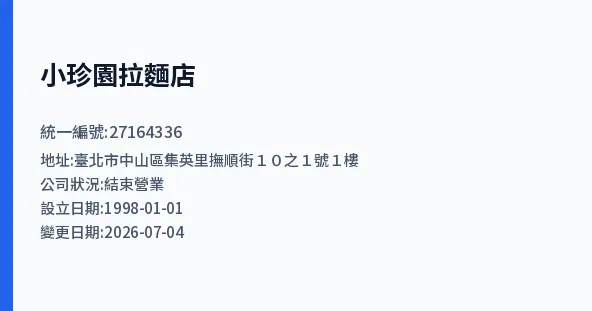 小珍園拉麵店的照片-統編 27164336(臺北市) 公司登記資料與營業項目詳細圖表