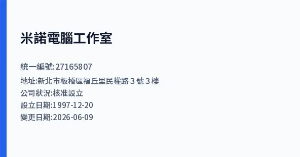米諾電腦工作室的照片-統編 27165807(新北市) 公司登記資料與營業項目詳細圖表