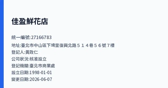佳盈鮮花店的照片-統編 27166783(臺北市) 公司登記資料與營業項目詳細圖表
